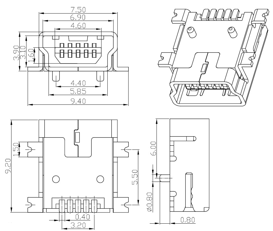 Купить 5 штыри угловые мини-usb smd женского pcb разъем разъем usb ...